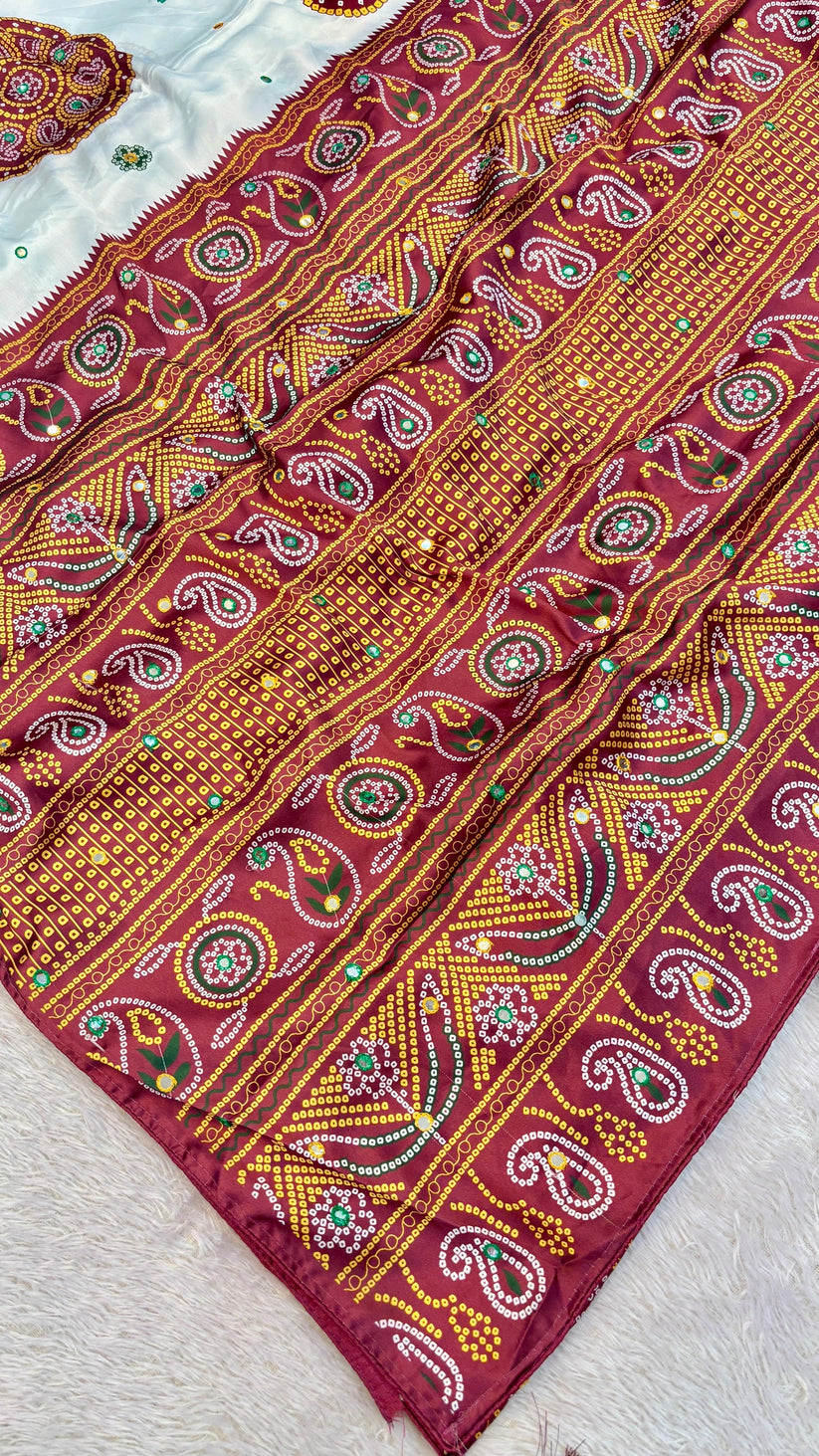 Kasumbo Bandhani Saree with Mirror Work – Lazree Sarees